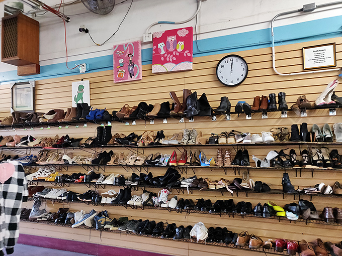 The shoe wall - a footwear fantasy where designer gems occasionally hide among everyday options like diamonds in the rough.