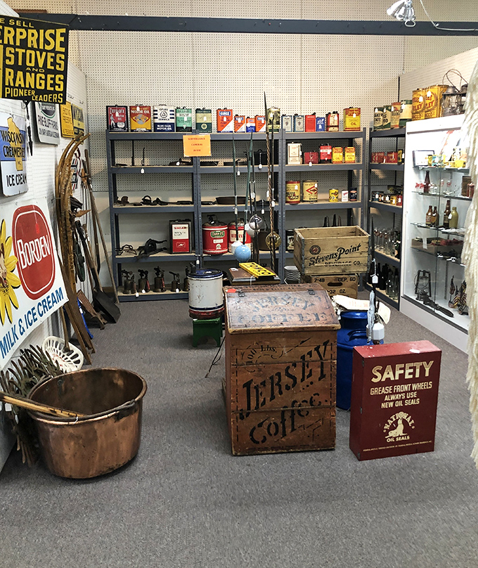 This booth celebrates America's love affair with advertising&mdash;from Bordens Ice Cream to Jersey Coffee, these vintage signs and containers are corporate art at its finest.