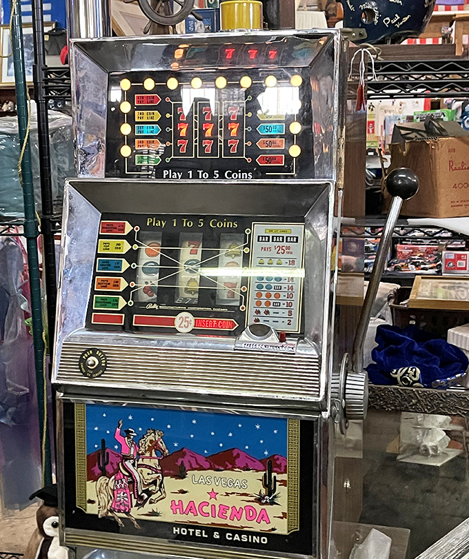 A vintage Las Vegas slot machine stands ready for its close-up&mdash;no quarters needed to appreciate this piece of casino history.