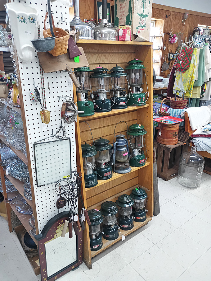 Coleman lanterns stand ready for adventures never taken, their green metal bodies promising illumination for camping trips of yesteryear.