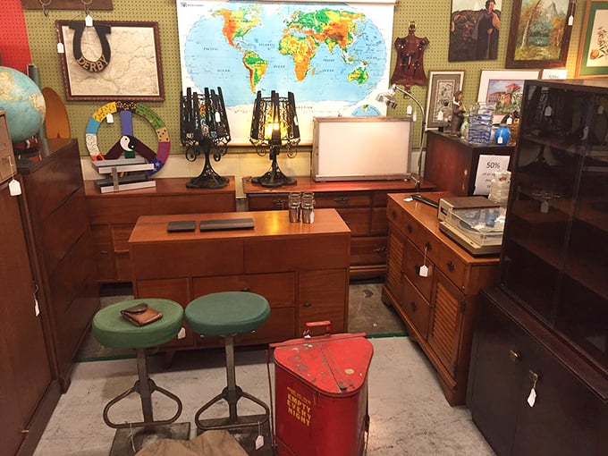 Every shelf tells a different story&mdash;from Mickey Mouse to vintage globes. This corner feels like rummaging through your coolest grandparent's attic.