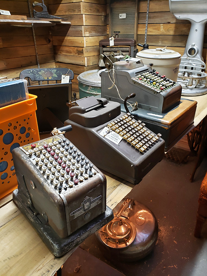 Vintage cash registers and adding machines—the ancestors of our smartphones and calculators. That copper pot gleams with stories of Sunday dinners past.