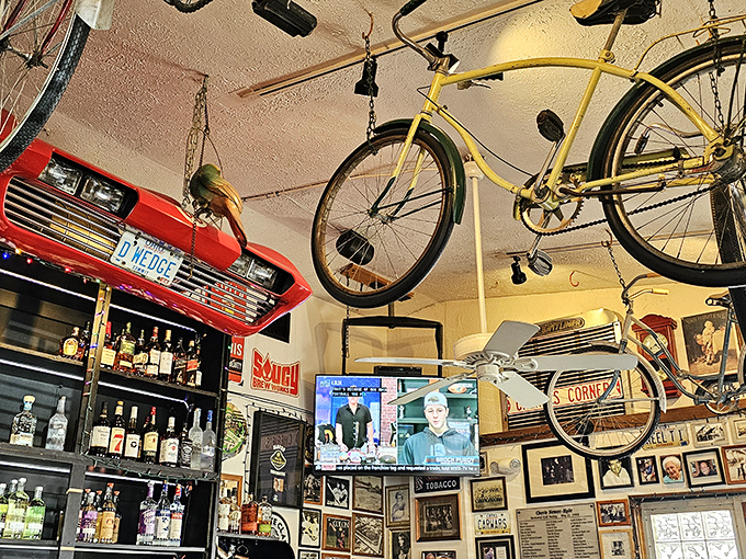 Bicycles suspended from the ceiling and vintage signs create a wonderfully weird backdrop for some seriously good eating.