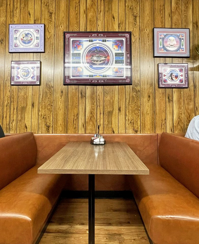 Native American art on wood-paneled walls adds local character without trying too hard, keeping things authentic and unpretentious throughout.