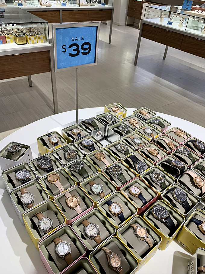 Time stands still at this watch display, where $39 buys you style that looks ten times the price. Fashion math at its finest.