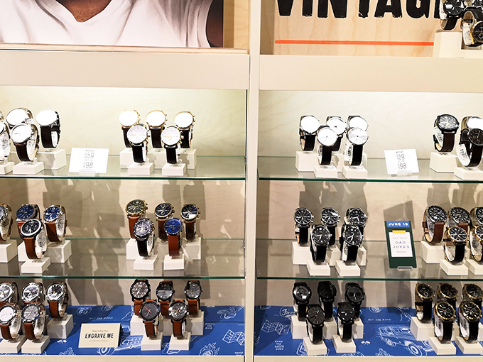 Timepieces remind you exactly how long you've been shopping and spending your paycheck.