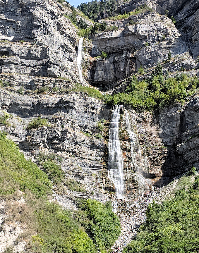 Bridal Veil Falls cascading down rocky cliffs—nature's own spa treatment just a short drive from Deer Creek's shores.