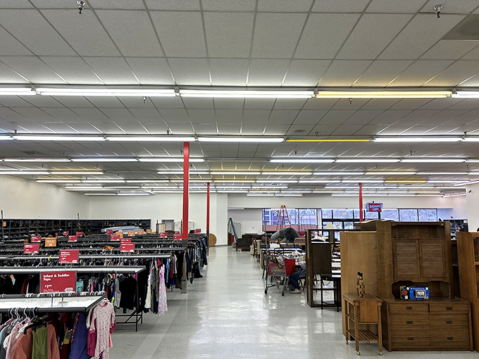 The clothing section extends into the distance, promising fashion finds for those willing to embark on the hunt.