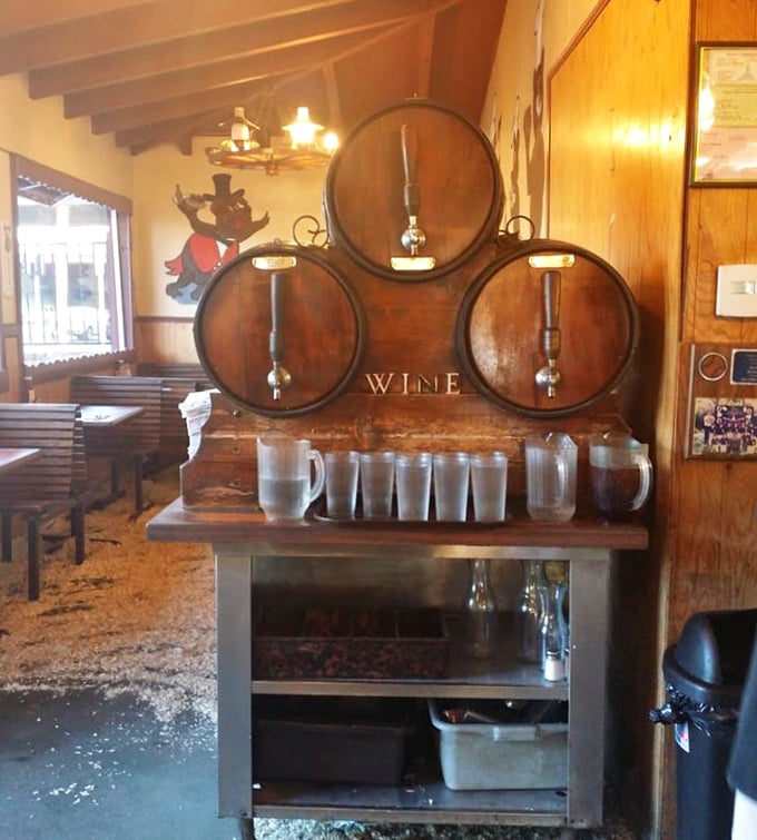 Wine barrels add rustic charm to the decor. Because sometimes a nice cabernet is exactly what your brisket needs.