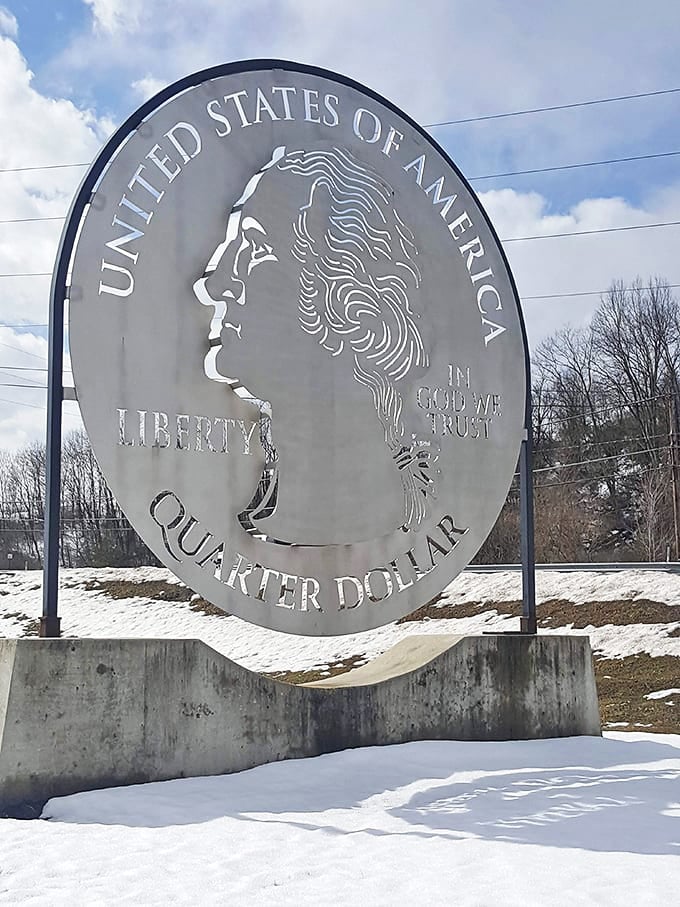 Winter transforms the Giant Quarter into a snow-framed masterpiece, Washington's profile standing stoic against the Pennsylvania chill.