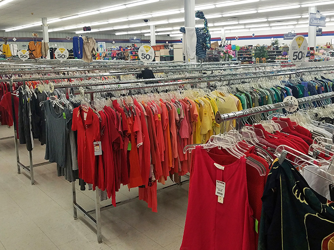 The clothing rainbow! Organized by color, this vibrant display transforms shopping into a visual feast that makes browsing an art form.