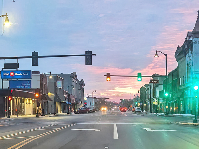 Antigo's main street glows with sunset colors that remind you why small-town evenings are pure magic.