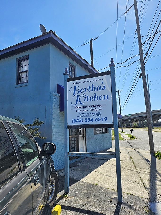 The bright blue building with its simple sign doesn't need to shout – Bertha's Kitchen's legendary soul food speaks for itself.