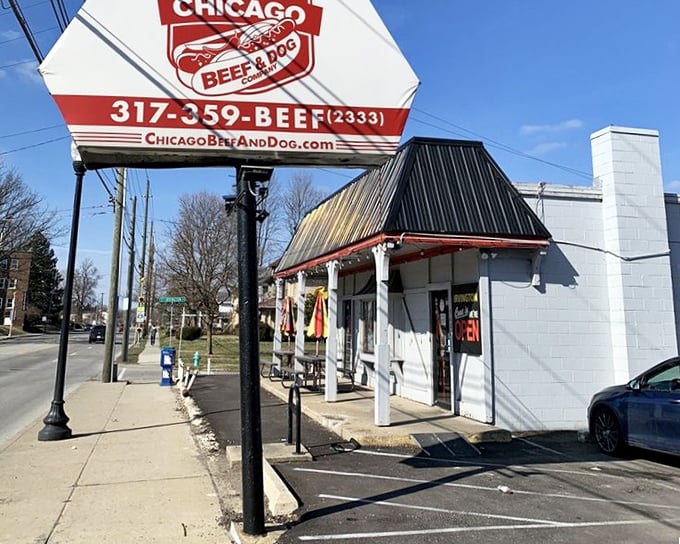 Chicago Beef & Dog Company's sign stands tall, promising authentic Windy City flavors in Indianapolis.