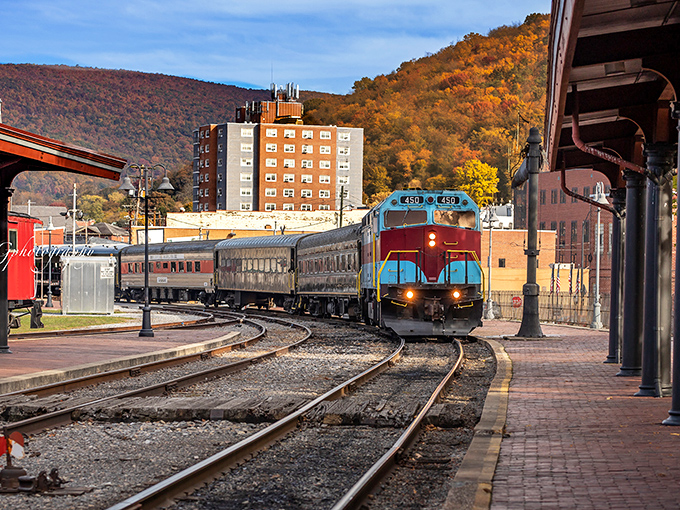 All aboard for autumn magic! This vintage train whistle echoes through golden mountains like childhood memories.