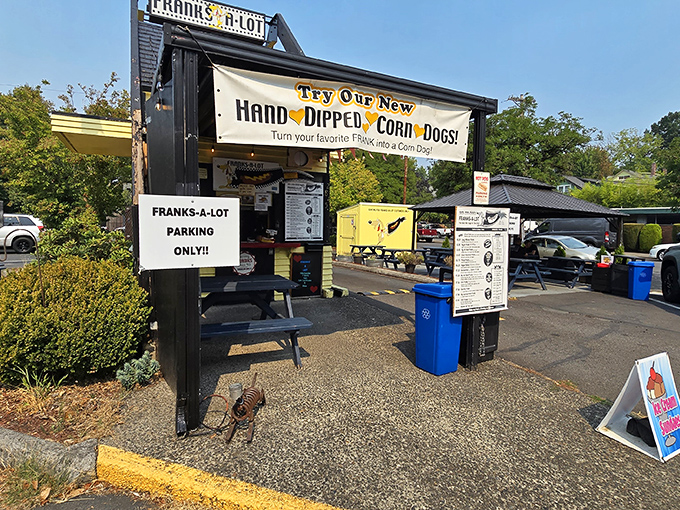 Franks A Lot's distinctive A-frame building looks like a church dedicated to the worship of perfect hot dogs.