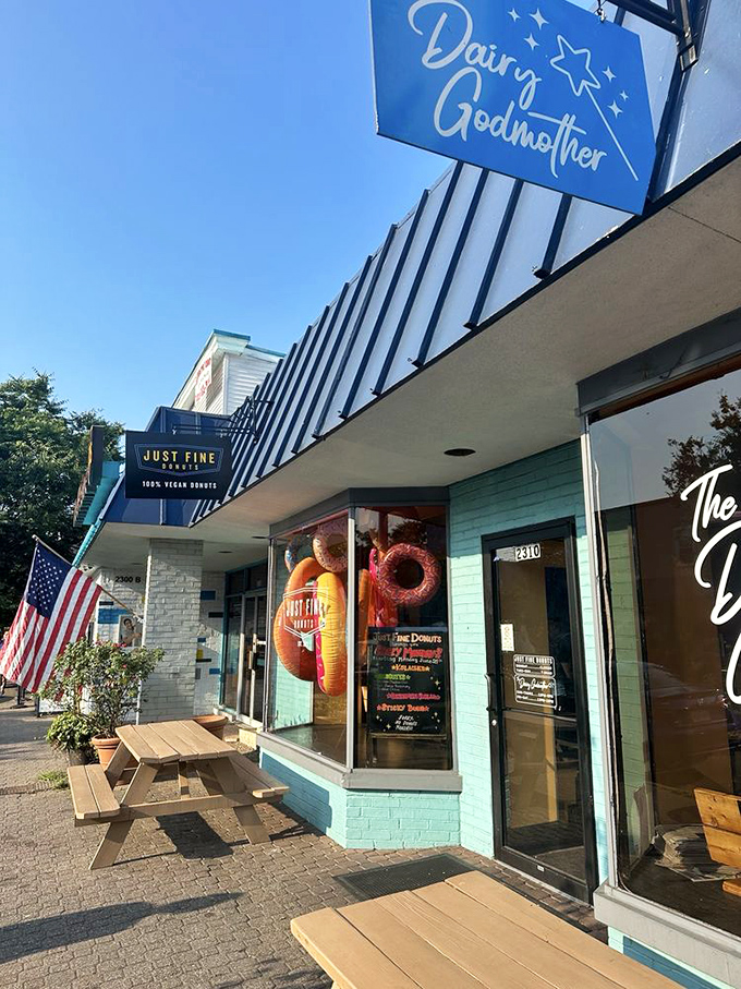 Just Fine Donuts&rsquo; bright window display teases a lineup of vegan delights. Who knew plant-based could look this decadent?
