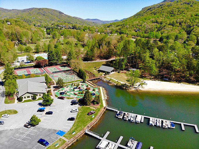 Lake Lure's emerald waters mirror the surrounding peaks in perfect mountain lake harmony.