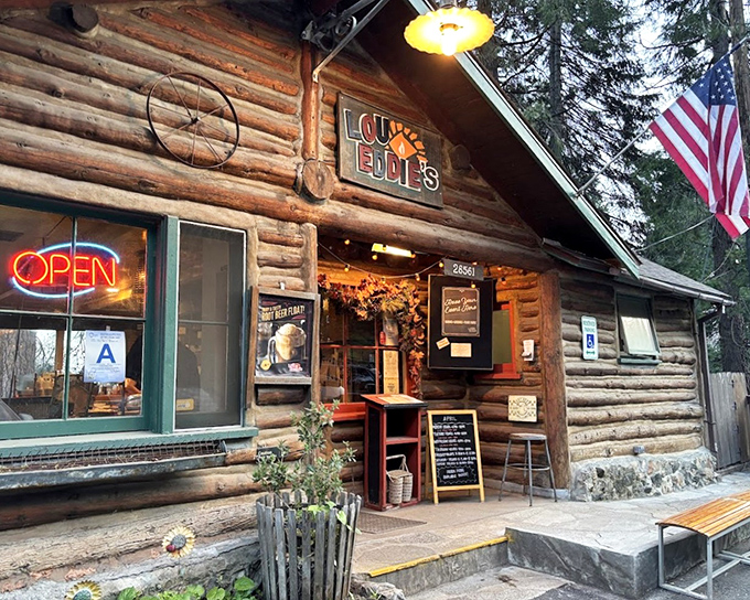 LouEddie's log cabin exterior promises mountain comfort food where pizza meets wilderness adventure in perfect harmony.
