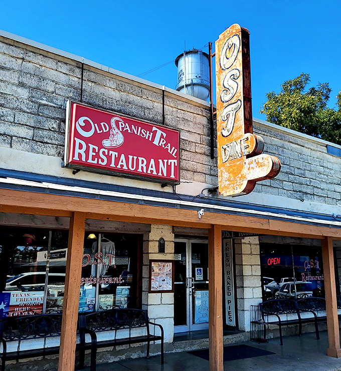 O.S.T. Restaurant's weathered sign tells cowboy breakfast stories that Bandera's been savoring for generations.
