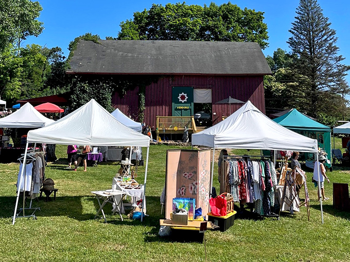 White tents against green grass create the perfect backdrop for a relaxing day of treasure hunting.