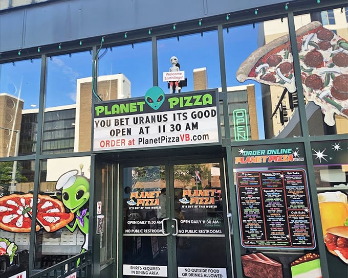 Planet Pizza's alien-themed storefront proves that great pizza is universal &ndash; even extraterrestrials would line up for a slice!