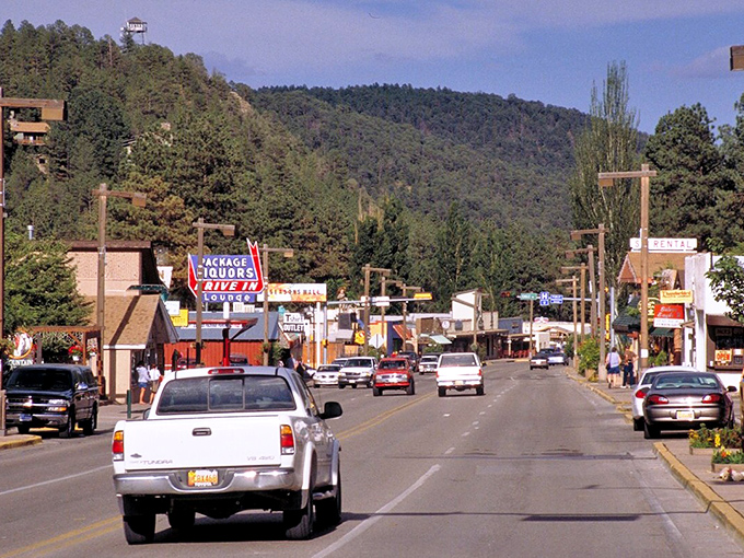 Pine-covered slopes surround this resort town where horse racing excitement meets mountain tranquility in perfect balance.