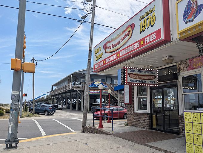 Sam's Corner's beachy exterior hints at the casual vibe inside, where hot dogs and ocean breezes create the perfect vacation memory.