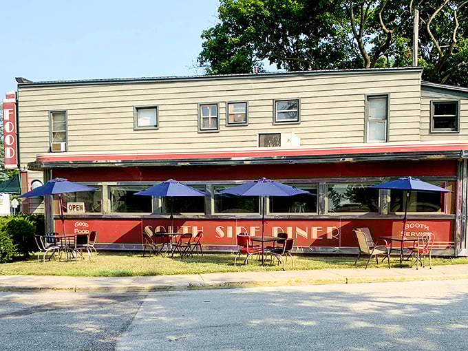 That classic red diner exterior isn't just eye-catching&mdash;it's a time portal to when soda fountains were social hubs and pie was a food group.