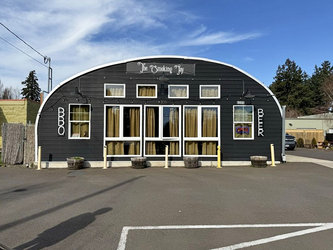 The Smoking Jay's unique quonset hut stands out like no other BBQ joint. This curved metal building houses unexpected smoky treasures.