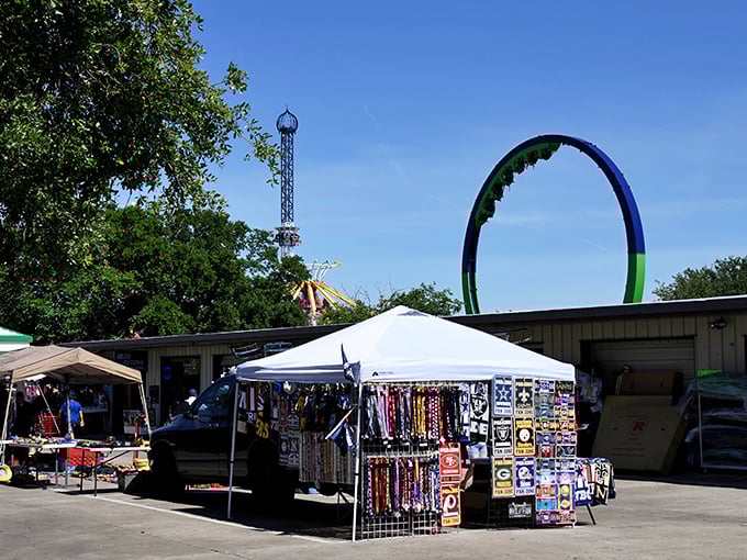 Colorful canopies dot the landscape at this outdoor market where treasures await under the Texas sun.