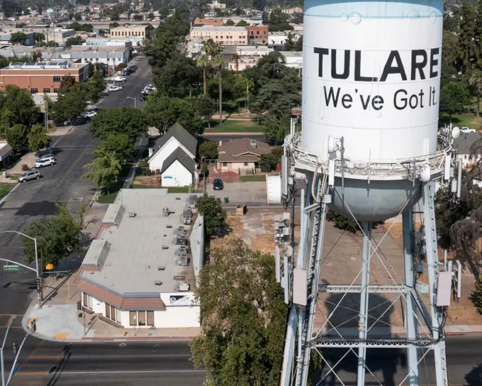 Tulare&rsquo;s iconic water tower stands tall over the city, a proud landmark that perfectly sums up the town&rsquo;s confident spirit.