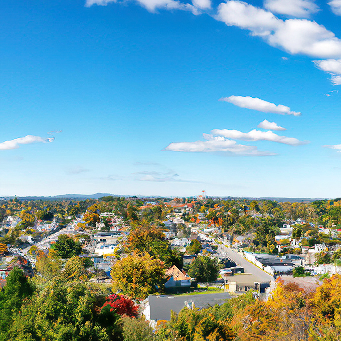 An autumn aerial view reveals a colorful Ohio town nestled among rolling hills, its trees ablaze with the golds and reds of fall.