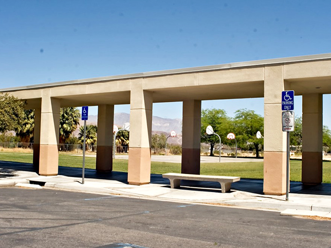The desert pavilion offers welcome shade in Borrego Springs. Those mountains aren't just pretty&mdash;they're nature's air conditioning.