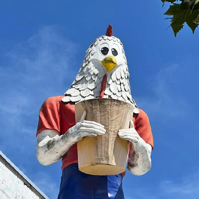 The legendary Chicken Boy holds his bucket proudly, watching over the neighborhood with his unblinking chicken gaze.