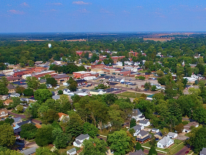 Birds-eye view reveals a town that sprawls just enough to feel cozy, not crowded or chaotic.