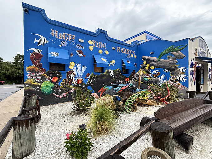 "Something Fishy Here" indeed &ndash; and thank goodness for that! Orlando's seafood oasis awaits behind those blue walls.