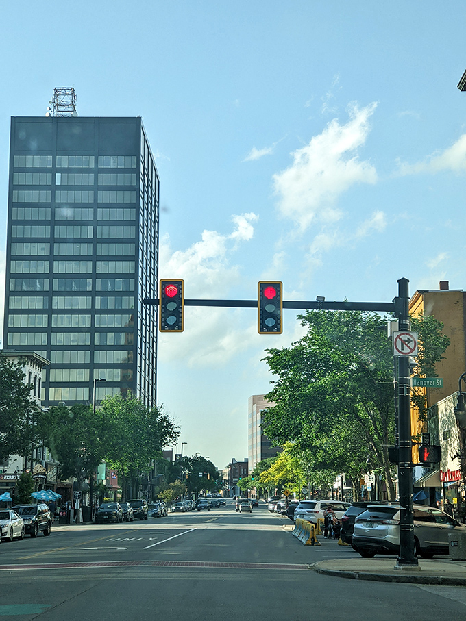 Manchester's streets blend historic charm with urban energy. Those traffic lights are probably the closest thing to "rush hour" you'll find here!