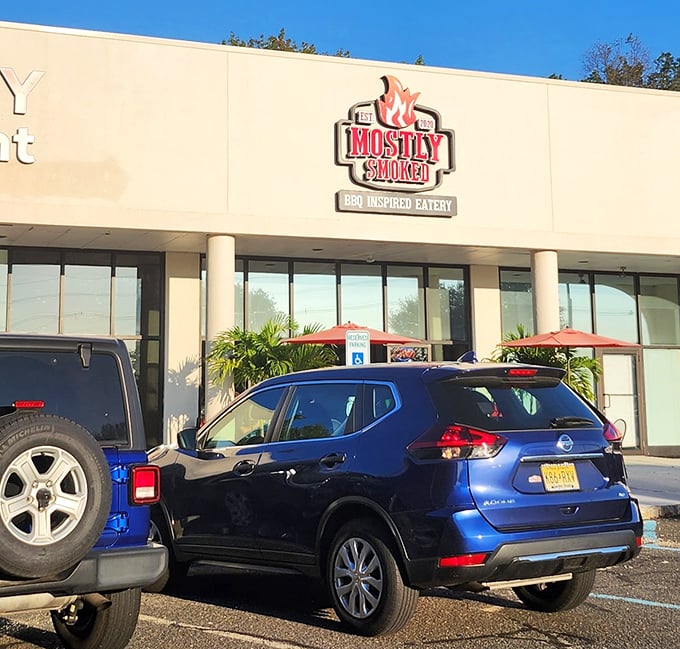 The bright, airy approach of Mostly Smoked's storefront brings BBQ into the 21st century. Those palm trees hint at a vacation for your taste buds.