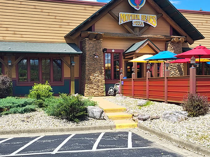 Stone columns and colorful umbrellas create the perfect setting for Mother Bear's legendary deep-dish pies that have fueled IU students for decades.