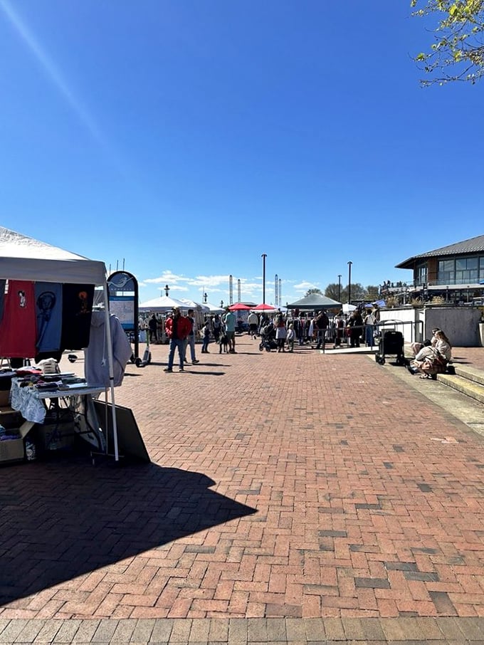 Brick walkways and vendor tents create the perfect setting for Norfolk's flea market adventures.