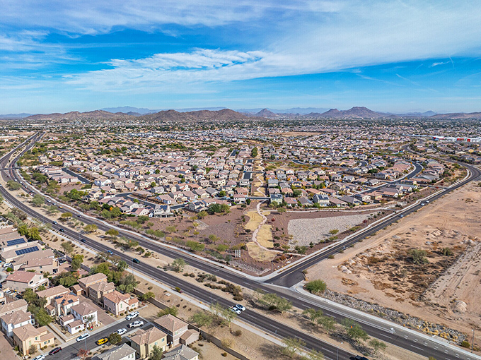 From this height, Peoria's neighborhoods look like they're playing a friendly game of Tetris against the backdrop of Arizona's rugged landscape.