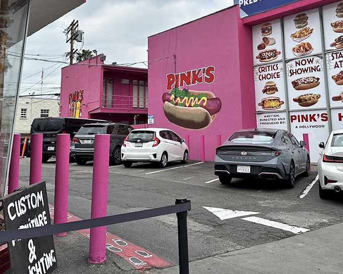 The famous pink building where Hollywood dreams and chili dog cravings collide in the most delicious way possible.