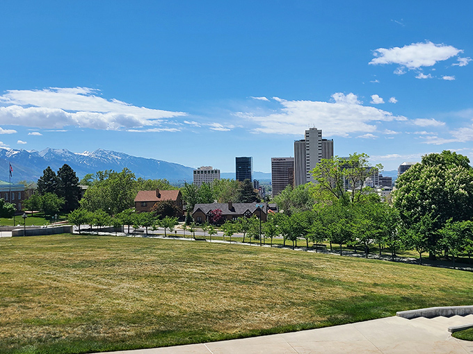 Salt Lake City's urban parks offer green respite amid downtown buildings. Those mountains are never far from view, even in the heart of the city.