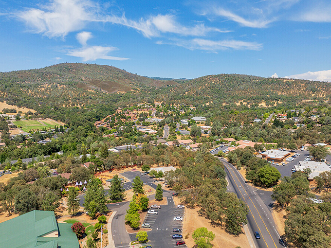 An aerial view of Sonora shows its perfect nestling in the Sierra foothills. Gold Rush history with golden California sunshine included.