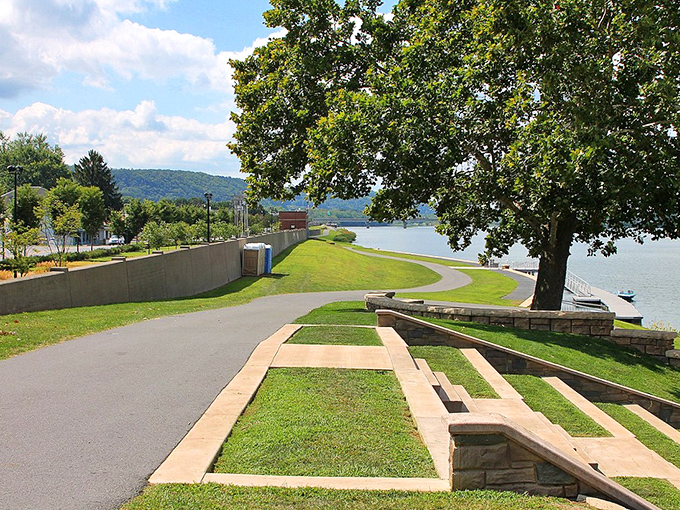 Sunbury's riverside beach area invites summer fun. Simple structures and sandy shores offer affordable recreation along the Susquehanna.