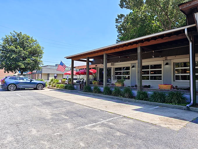 Picture-perfect outdoor seating at Swig & Swine &ndash; where memories are made between bites of perfect barbecue.