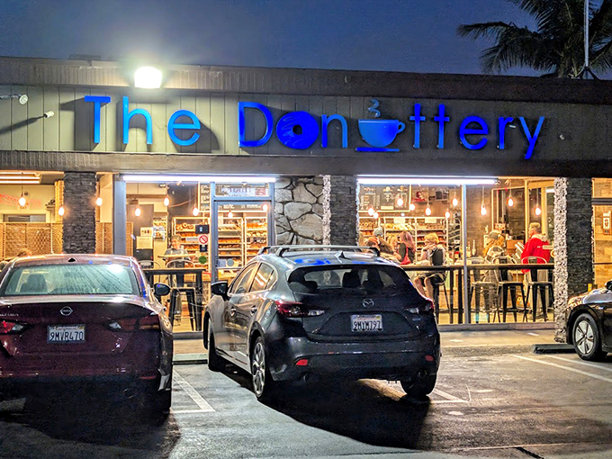 Day or night, The Donuttery's glowing blue sign beckons hungry Huntington Beach locals and visitors alike.