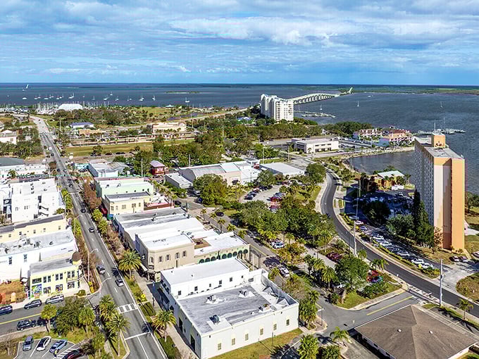 Aerial view of Titusville's waterfront charm, where rocket launches and affordable living create the perfect retirement backdrop.
