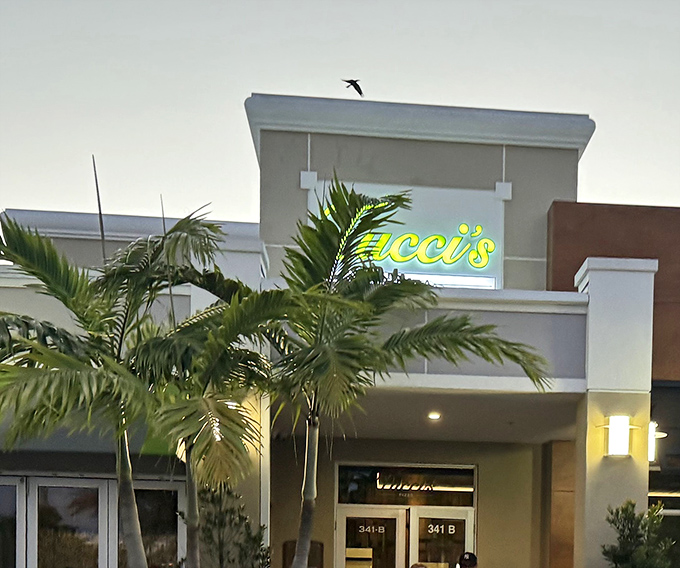 Tucci's glowing sign illuminates Boca Raton's night scene, promising fiery pizza perfection. Follow the neon to flavor town!